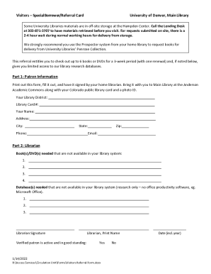 Fillable Online library du Visitors Special Borrower/Referral Card University of Denver, Main ...
