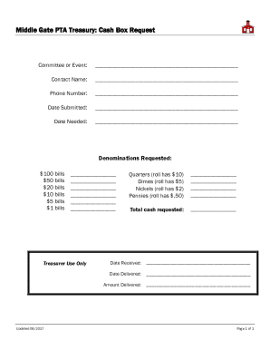 Fillable Online Elsmere Elementary PTA Cash Box Request Form Fax Email ...