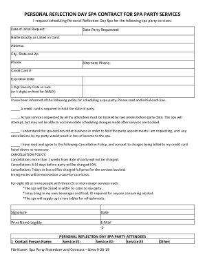 Fillable Online 1 Spa Party Agreement & Request Form Thank you for ...