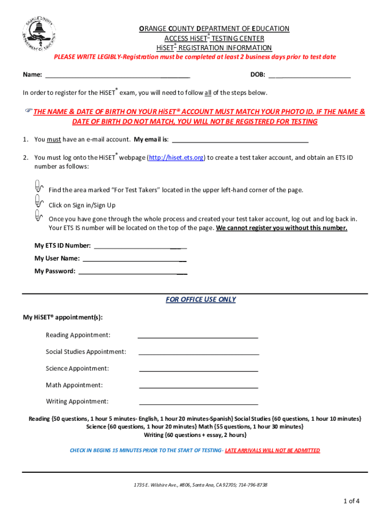 Fillable Online HiSET Equivalency Exam - Santa Ana College Fax Email Print - pdfFiller