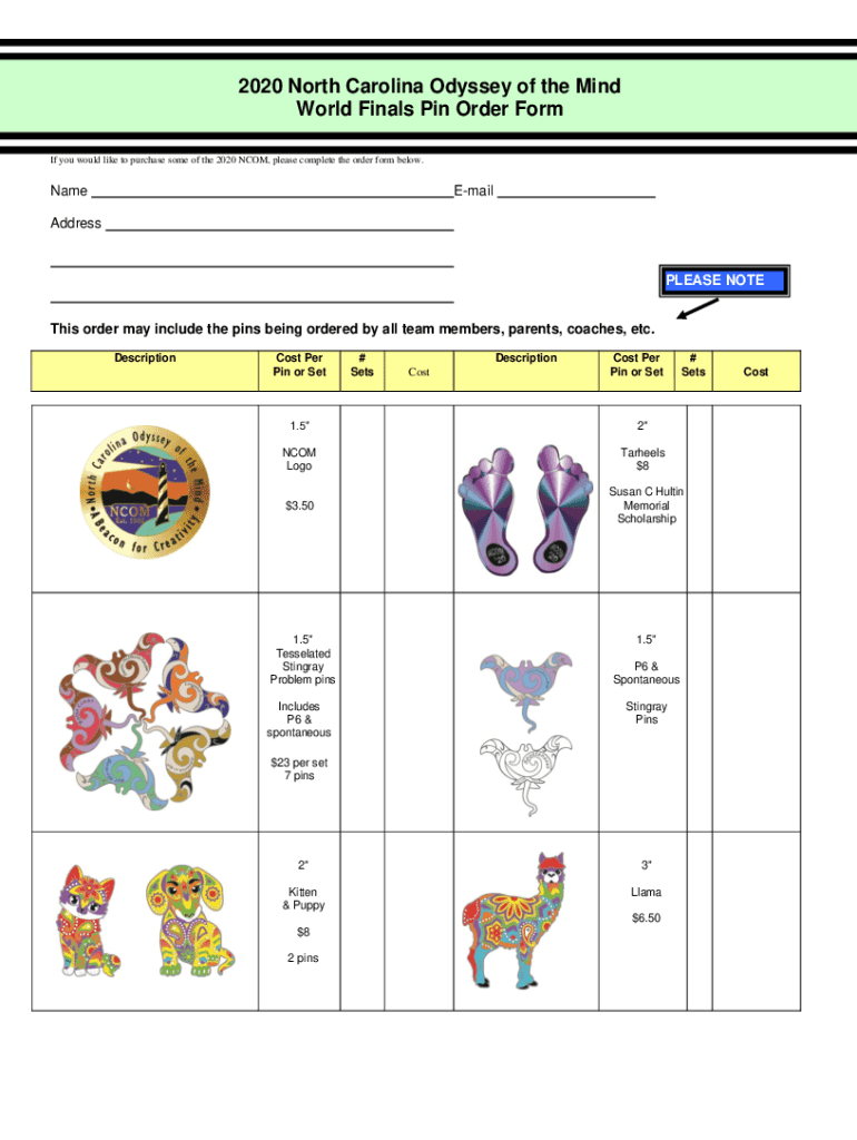 Fillable Online 2020 North Carolina Odyssey of the Mind World Finals ...