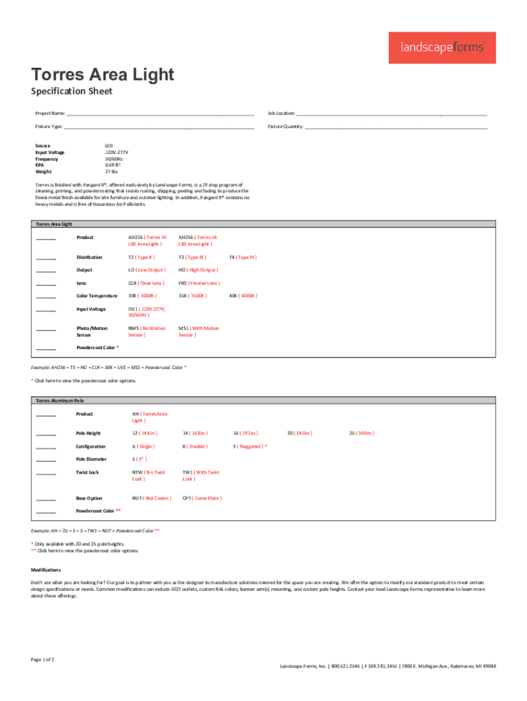 Fillable Online Torres Area Light - Outdoor Lighting - Landscape Forms ...