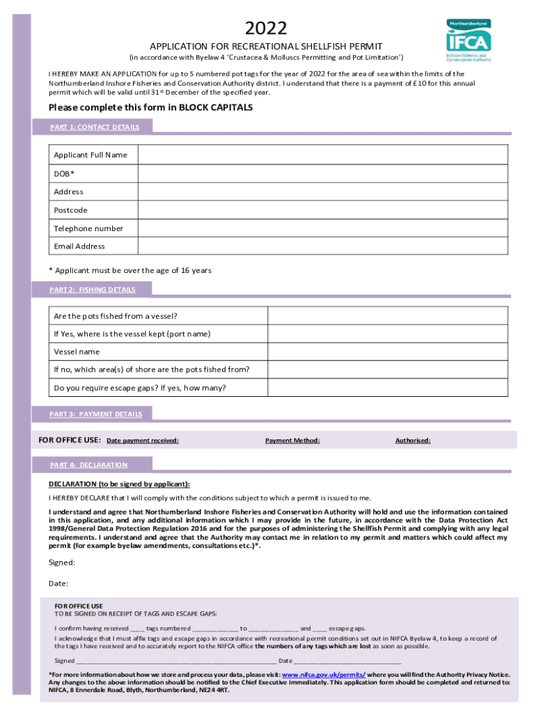 Fillable Online nifca gov Recreational Shellfish Permit Application - NIFCA Fax Email Print ...