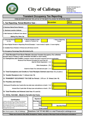 Fillable Online Transient Occupancy Tax Reporting - City of Calistoga ...