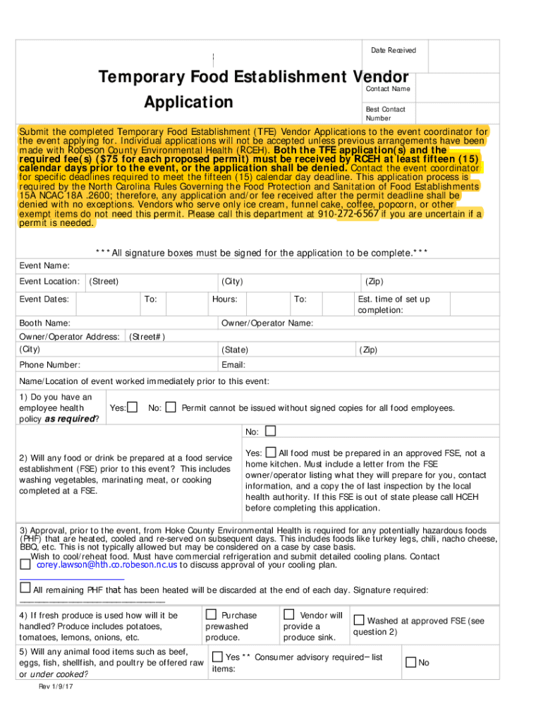 Fillable Online Temporary Food Event (TFE) Coordinator's Application ...