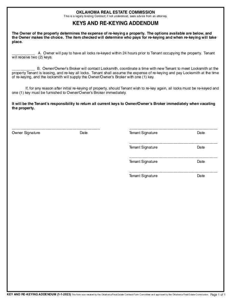 Fillable Online KEYS AND RE-KEYING ADDENDUM - Oklahoma ... - US Legal ...