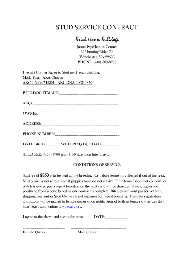 Fillable Online STUD SERVICE CONTRACT Brick House Bulldogs Fax Email ...