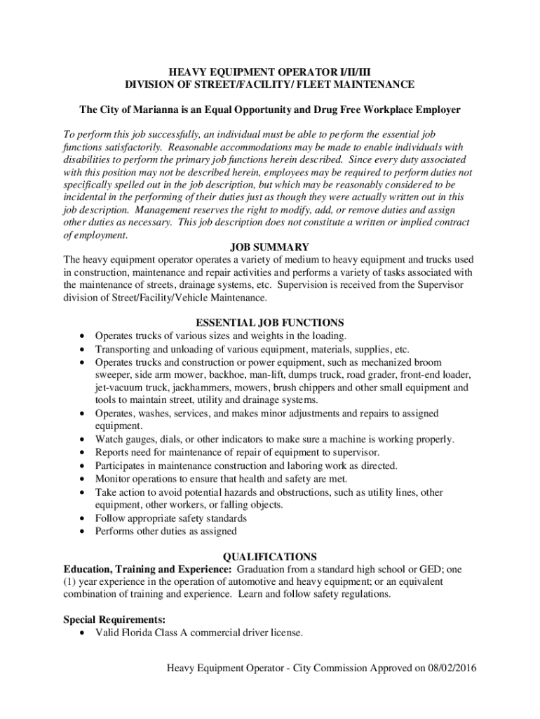 Fillable Online HEAVY EQUIPMENT OPERATOR I/II/III - City of Marianna ...