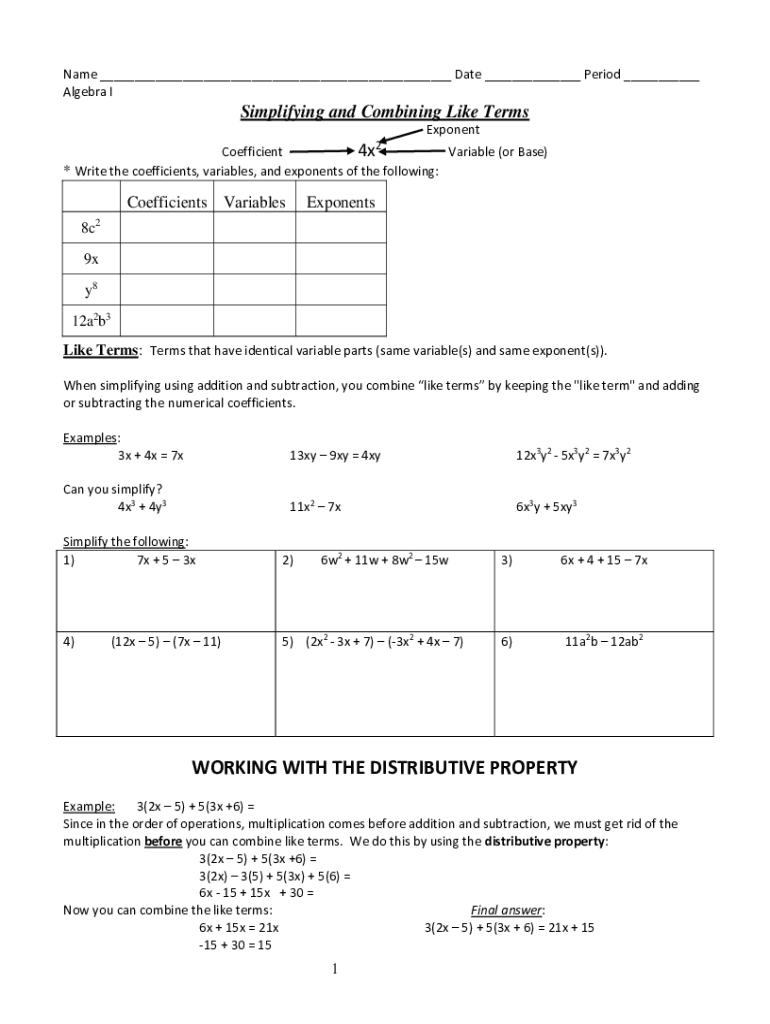 Fillable Online Simplifying and Combining Like Terms Fax Email Print ...
