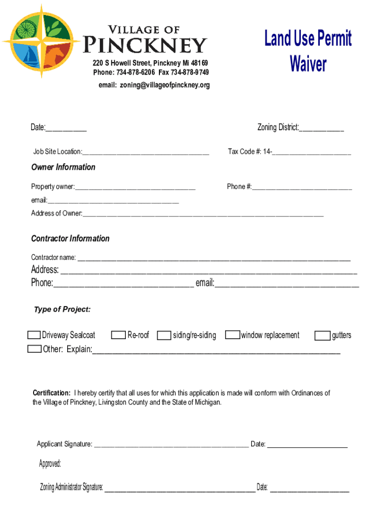 Fillable Online Land Use Permit Waiver - Village of Pinckney Fax Email ...