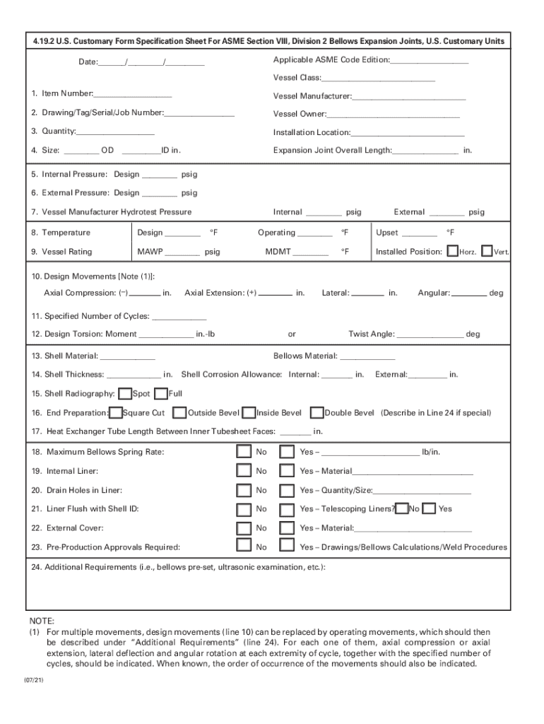 Fillable Online 4.19.1 Metric Form Specification Sheet For ASME Section ...