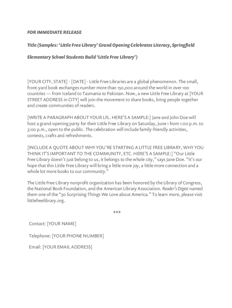 Fillable Online FOR IMMEDIATE RELEASE Title (Samples - Little Free ...