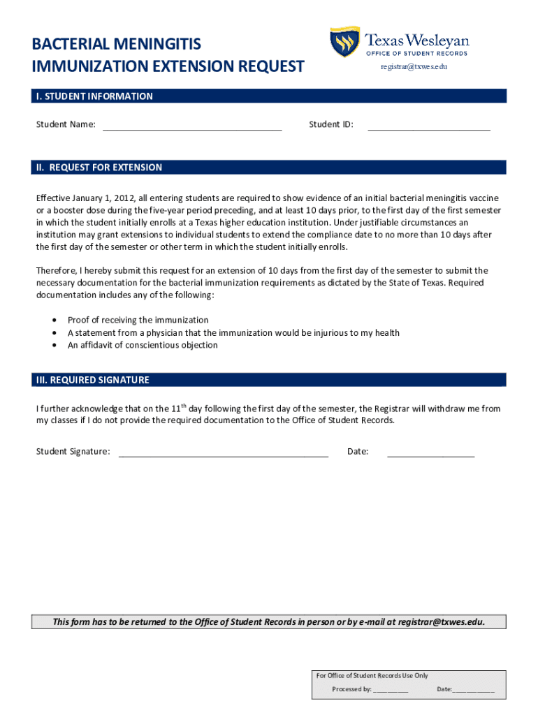 Fillable Online Bacterial Meningitis Immunization Request for exception to ... Fax Email Print ...
