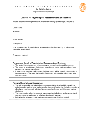 Fillable Online Consent for Psychological Assessment and/or Treatment ...