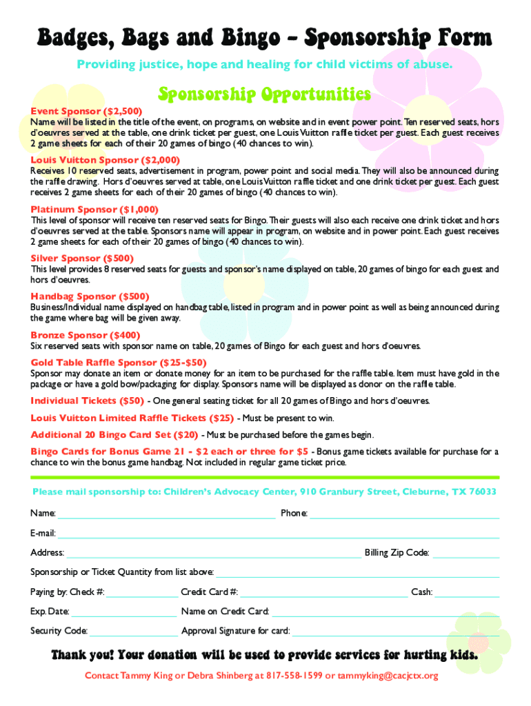 Fillable Online Badges, Bags and Bingo - Sponsorship Form Fax Email ...