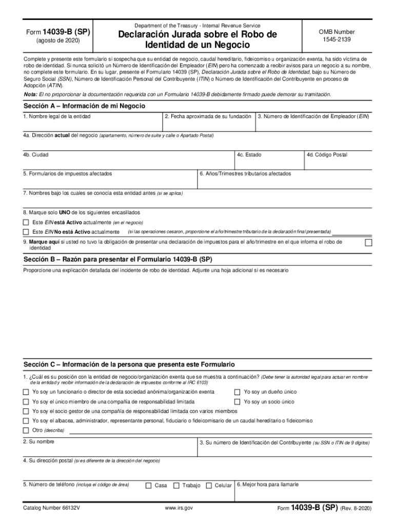 Completable En línea Form 14039-B (SP) (Rev. 8-2020). Business Identity ...