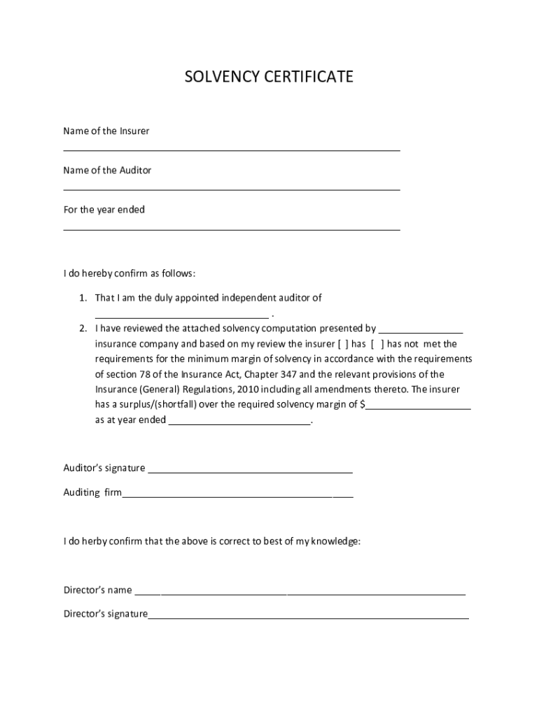 Fillable Online SOLVENCY CERTIFICATE Fax Email Print - pdfFiller