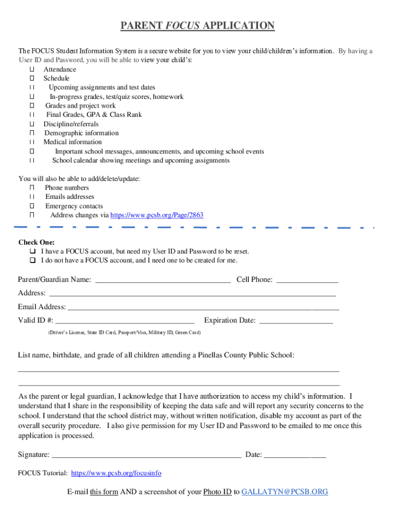 Fillable Online PARENT FOCUS APPLICATION - Pinellas County Schools Fax Email Print - pdfFiller