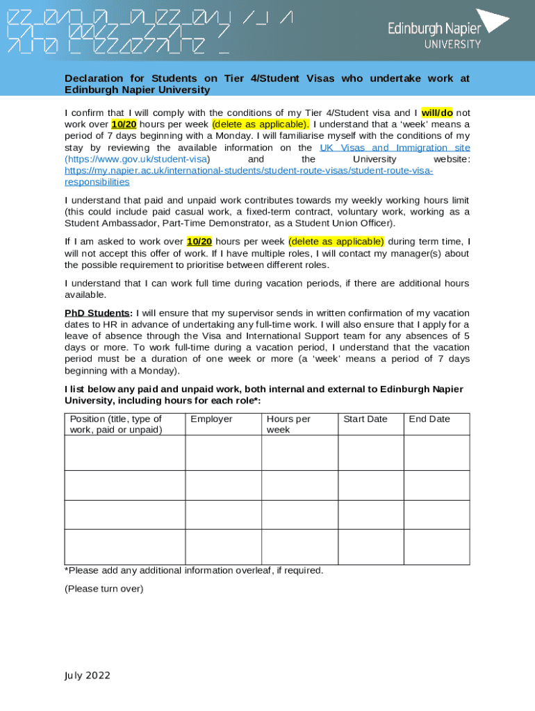 Tier 4 Worker Declaration - Edinburgh Napier University - staff napier ...