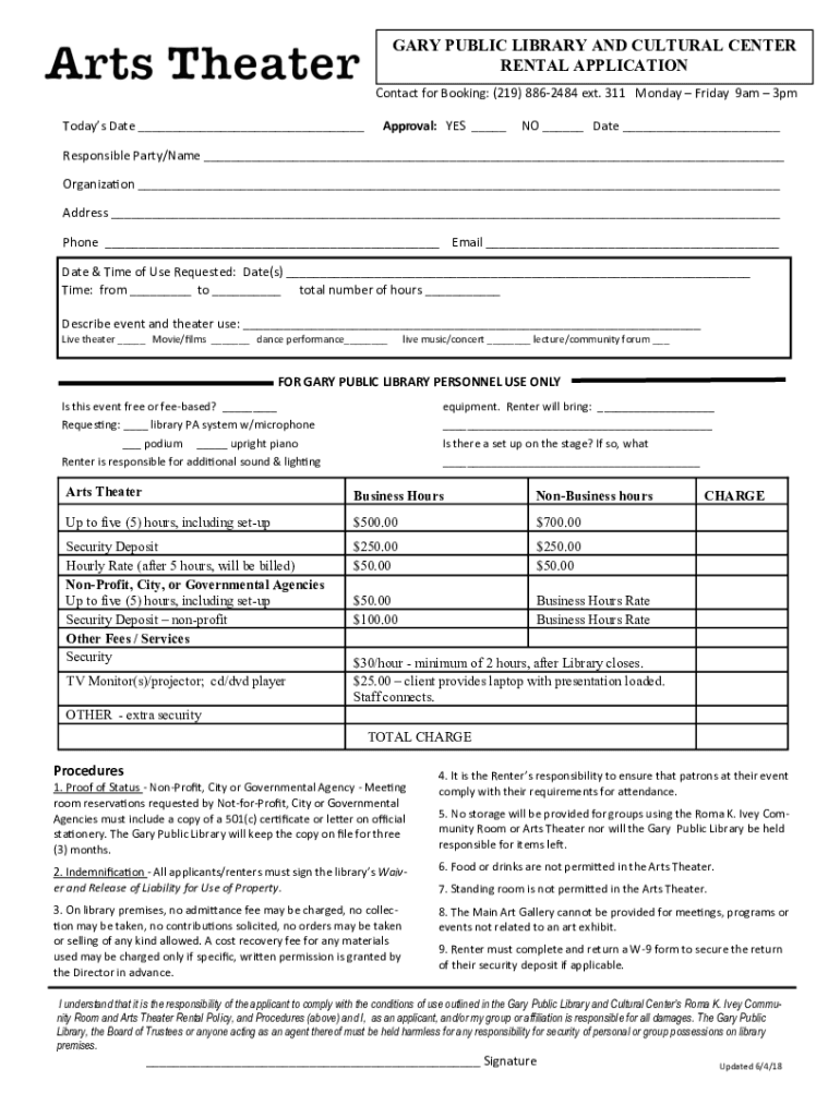 Fillable Online GARY PUBLIC LIBRARY AND CULTURAL CENTER RENTAL ... Fax ...