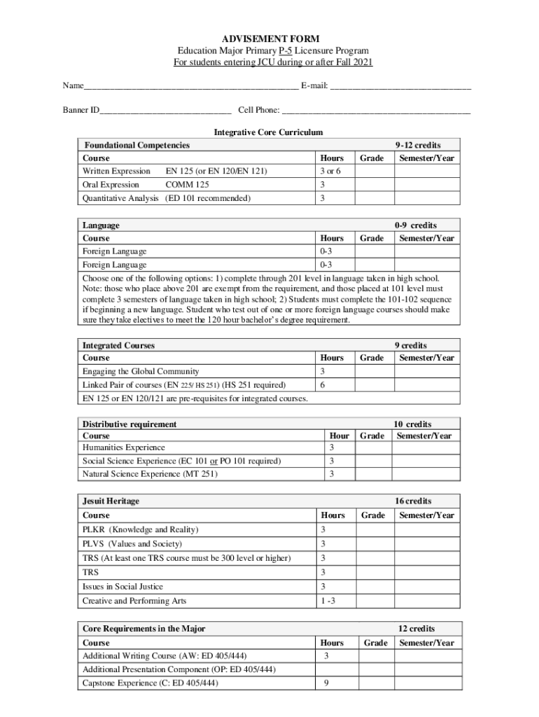 Fillable Online ADVISEMENT FORM Education Major Primary P-5 Licensure ...