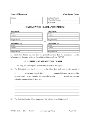 Fillable Online Statement Of Claim And Summons Plaintiff :: Minnesota ...