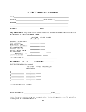 Fillable Online APPENDIX II: MPA STUDENT ADVISING FORM NAME ADVISOR ... Fax Email Print - pdfFiller