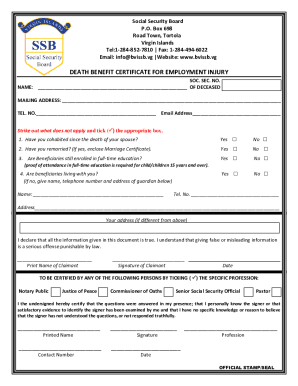 Fillable Online DEATH BENEFIT CERTIFICATE FOR EMPLOYMENT INJURY Fax ...