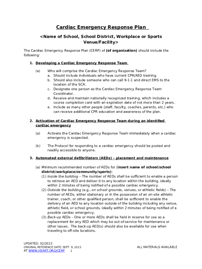 Cardiac Emergency Response Plan Name of School District Doc Template ...