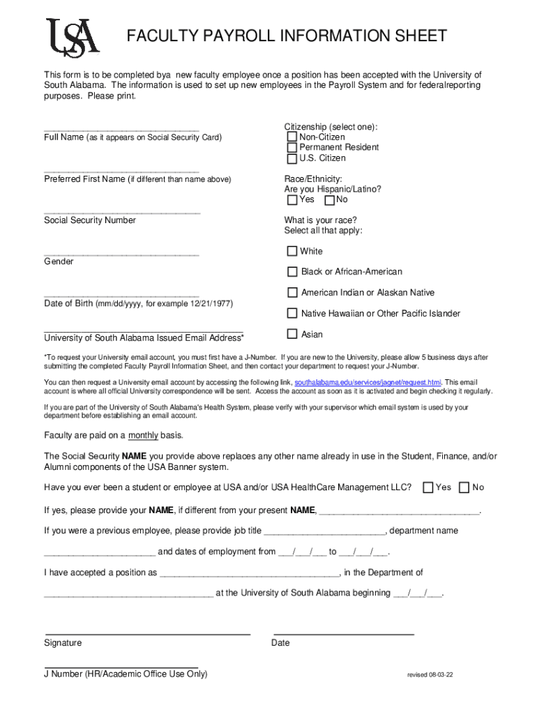 Fillable Online Faculty Payroll Information Sheet - University of South ...