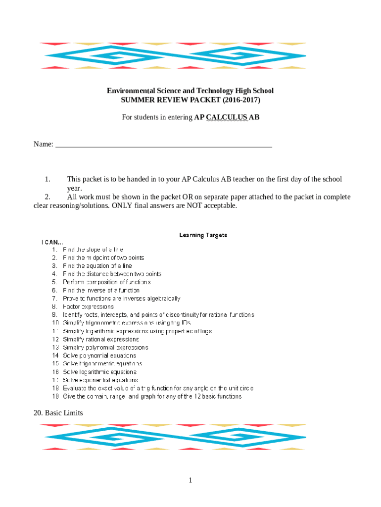 AP Calculus Summer Review Packet (A) Doc Template | pdfFiller