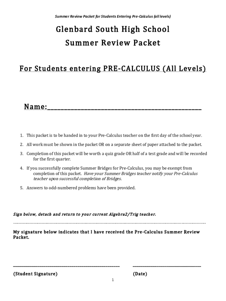 Fillable Online precalculus summer packet answer sheet Fax Email Print ...