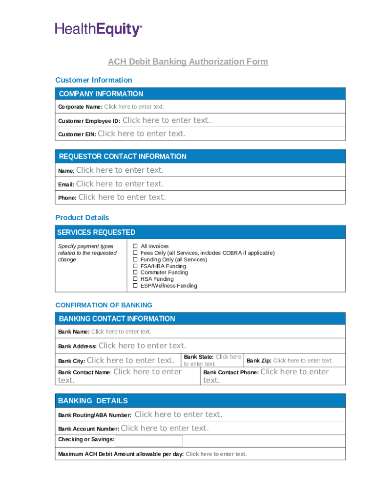 ACH Debit Bank Authorization - Health Equity Doc Template | pdfFiller