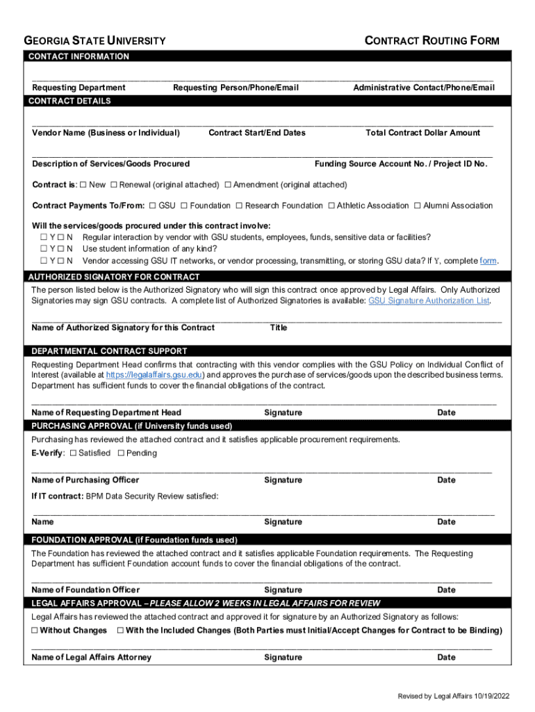 Fillable Online Contract Routing Form Gsu Legal Affairs Fax Email Print Pdffiller