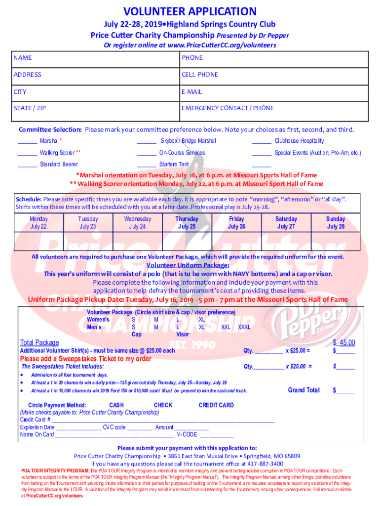 Fillable Online Volunteer Packet Pick-Up - Price Cutter Charity ...