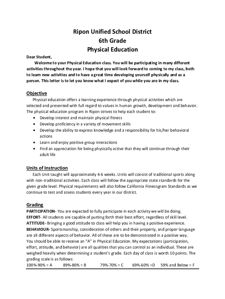 Fillable Online Ripon Unified School District 6th Grade Physical ...