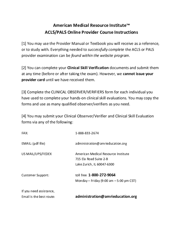 Fillable Online American Medical Resource Institute ACLS/PALS Online ...