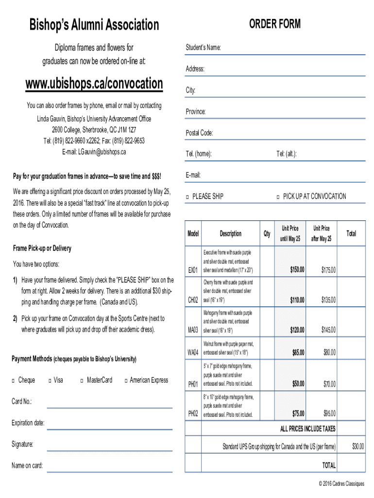 Fillable Online ORDER FORM - Bishop's University Fax Email Print ...