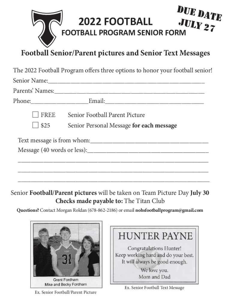 Fillable Online 2022 SENIOR FORM FOOTBALL PROGRAM due date july 27 Fax ...