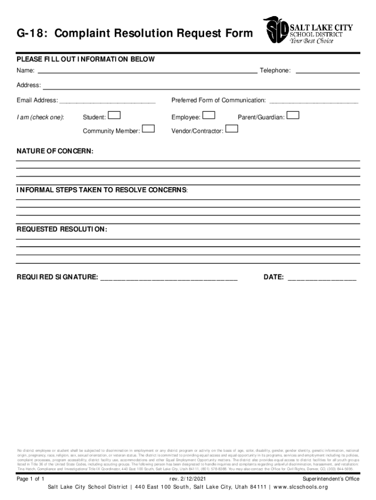 Fillable Online G-18: Complaint Resolution Request Form Fax Email Print ...