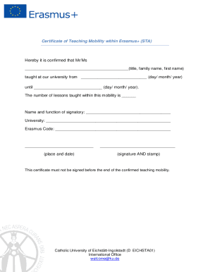 Fillable Online Certificate of Training Mobility within Erasmus+ (STT ...