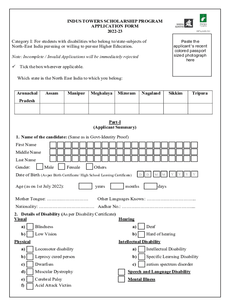 Fillable Online INDUS TOWERS SCHOLARSHIP PROGRAM APPLICATION FORM ...