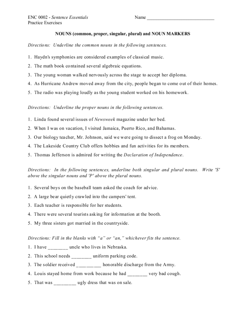Fillable Online Practice Exercises NOUNS (common, proper, singular ...