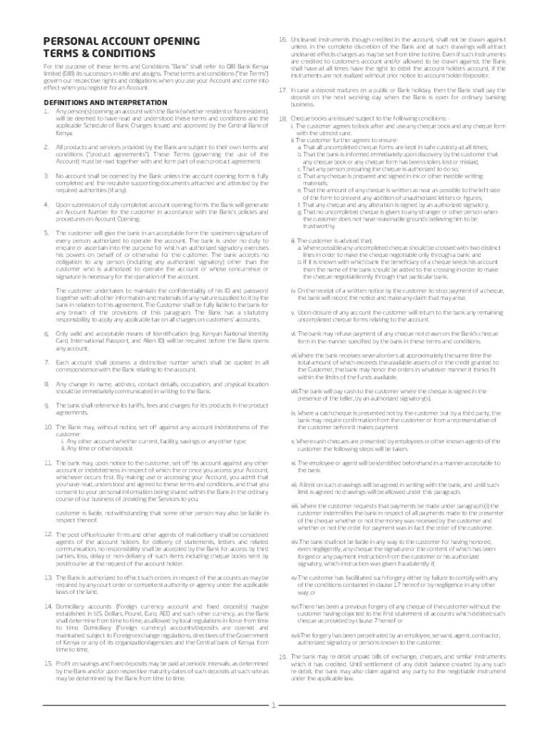 Fillable Online DIB Bank Kenya Personal Account Application T&C Fax ...