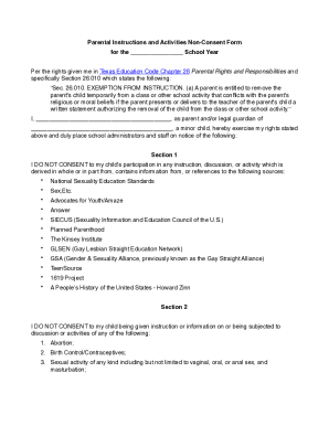 Fillable Online Parental Instructions and Activities Non-Consent Form ...