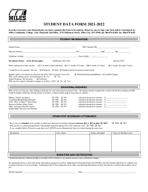 Fillable Online content milescc STUDENT DATA FORM 2021-2022 - Miles ...