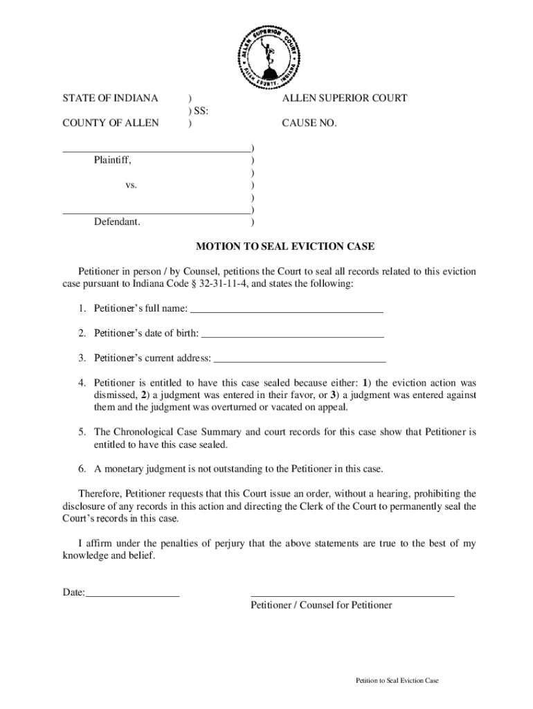 Fillable Online STATE OF INDIANA ) ALLEN SUPERIOR COURT ) SS: COUNTY ...