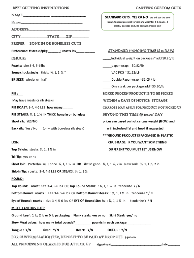 Fillable Online Whole/Half/Quarter Beef Order Form - Hunter Cattle ...