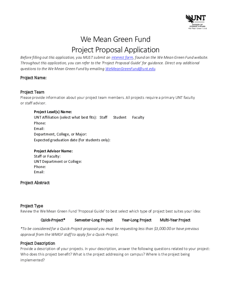 Fillable Online studentaffairs unt We Mean Green Fund Project Proposal ...