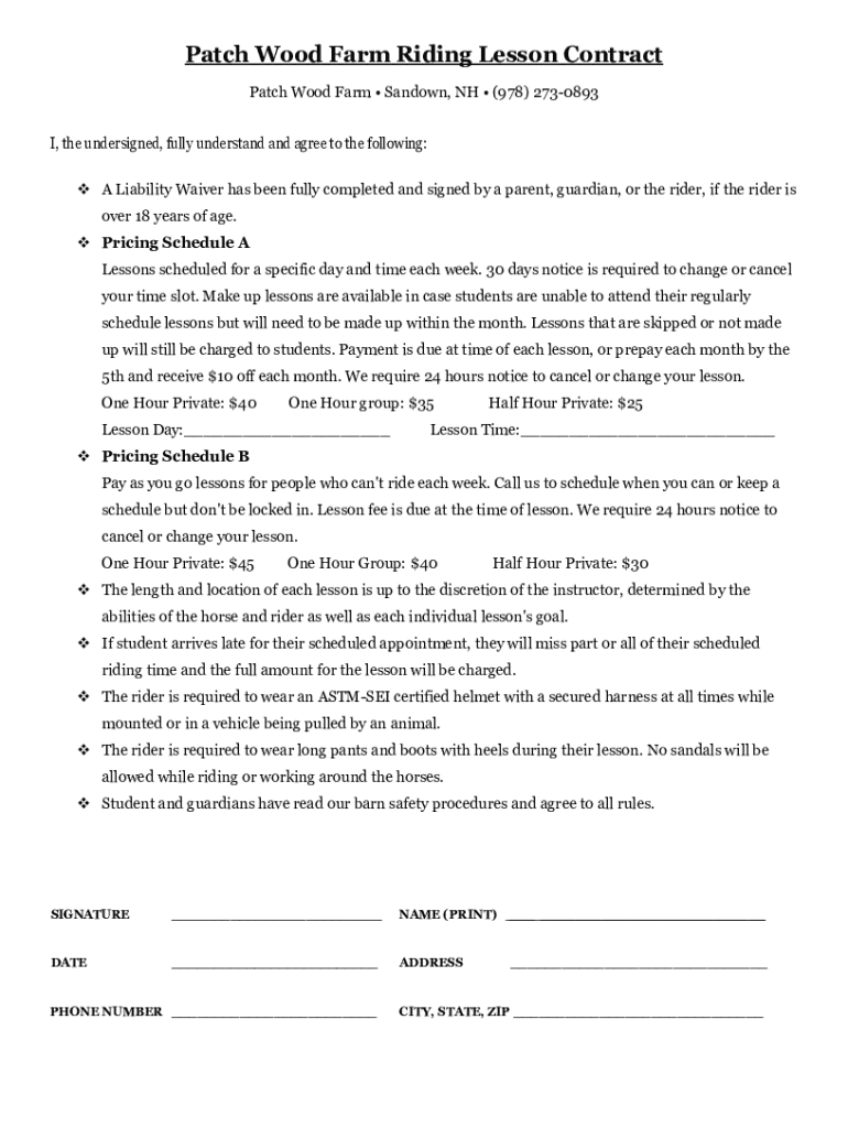 Fillable Online Patch Wood Farm Riding Lesson Contract Fax Email Print - pdfFiller